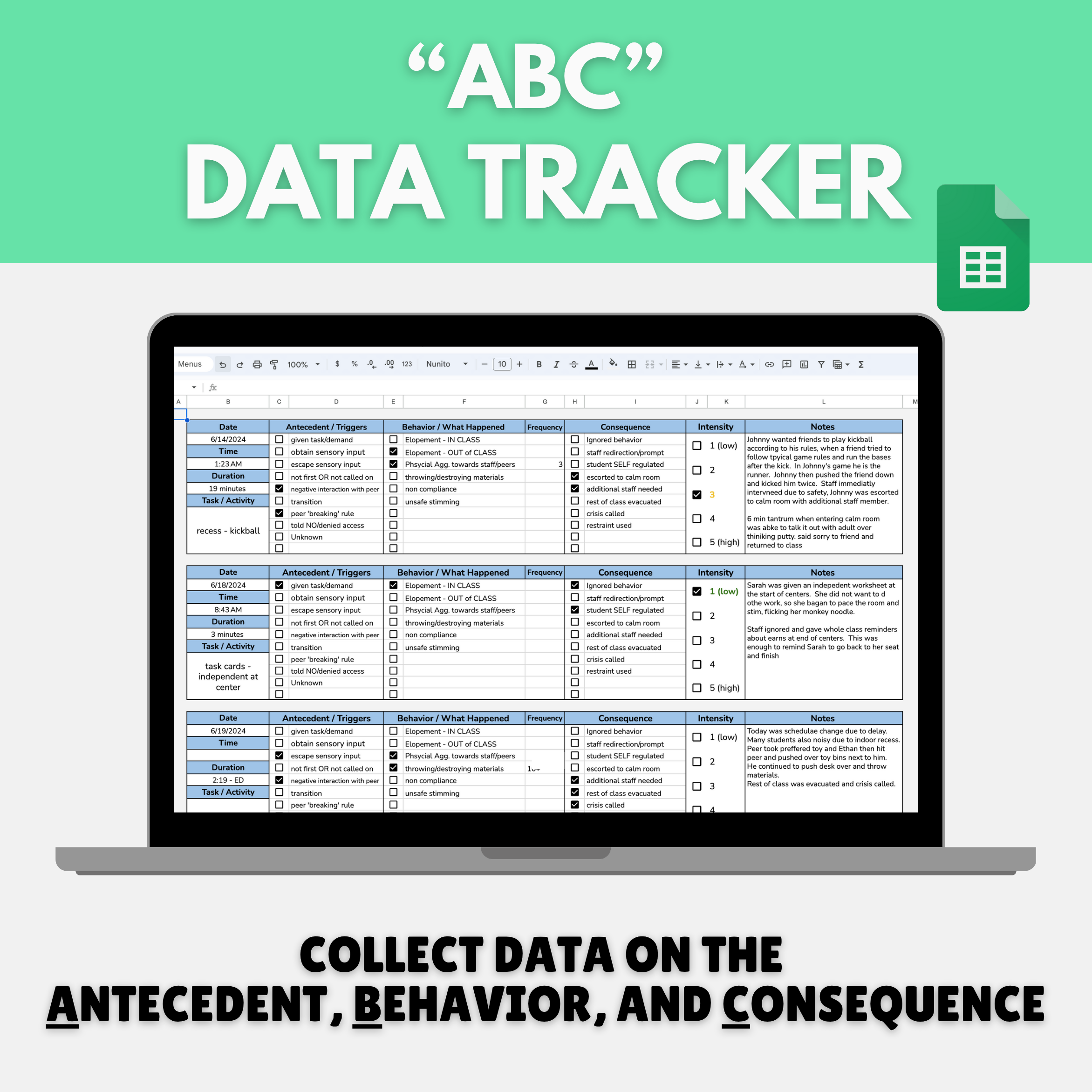 ABC Data Tracker | Editable Behavior Data Sheet for Special Ed – Sheets ...