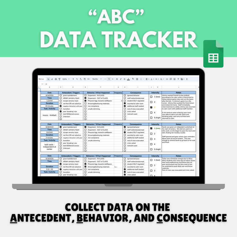ABC Data Tracker | Editable Behavior Data Sheet for Special Ed – Sheets ...
